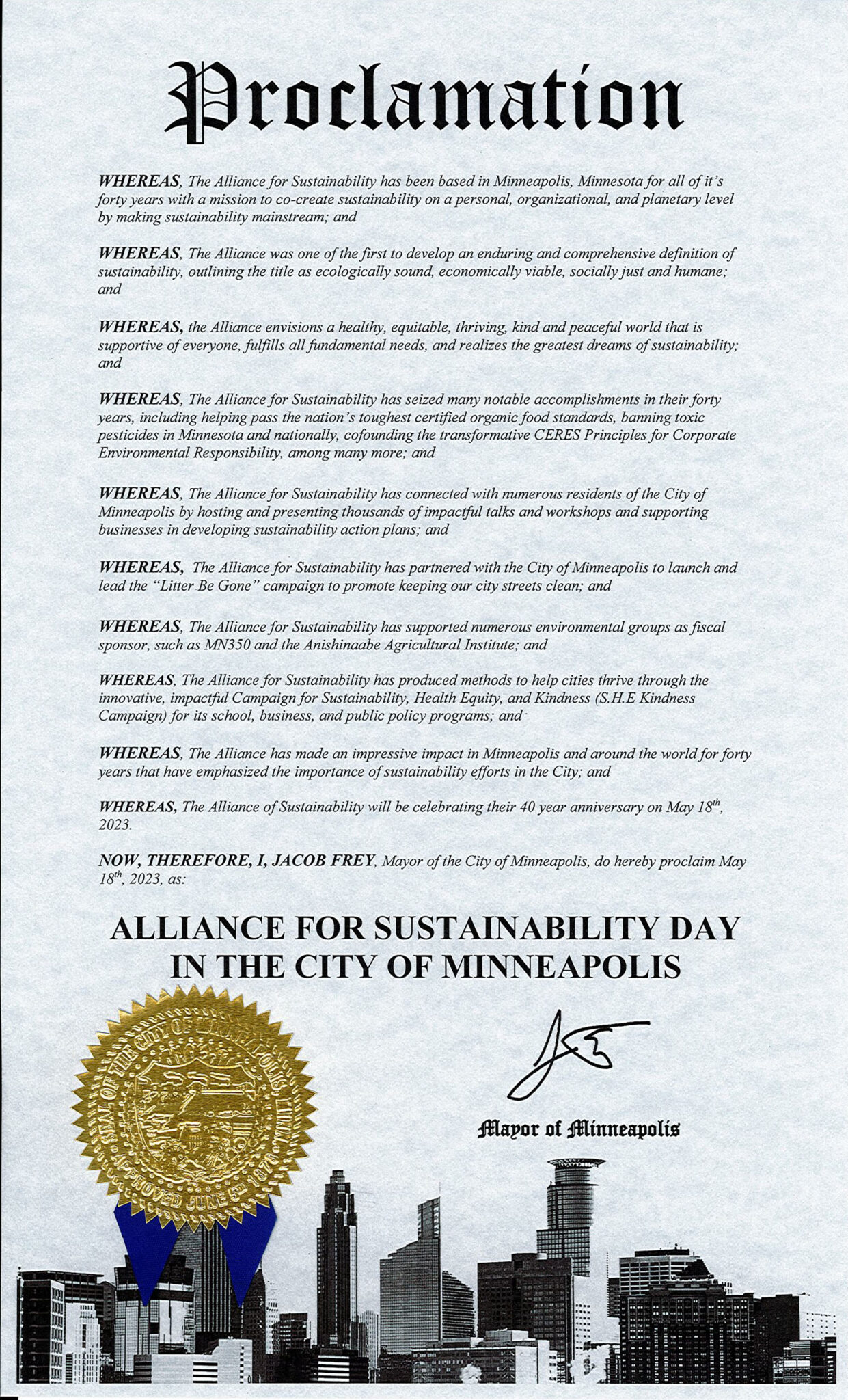 Proclamation from the City of Minneapolis that May 18 is Alliance for ...
