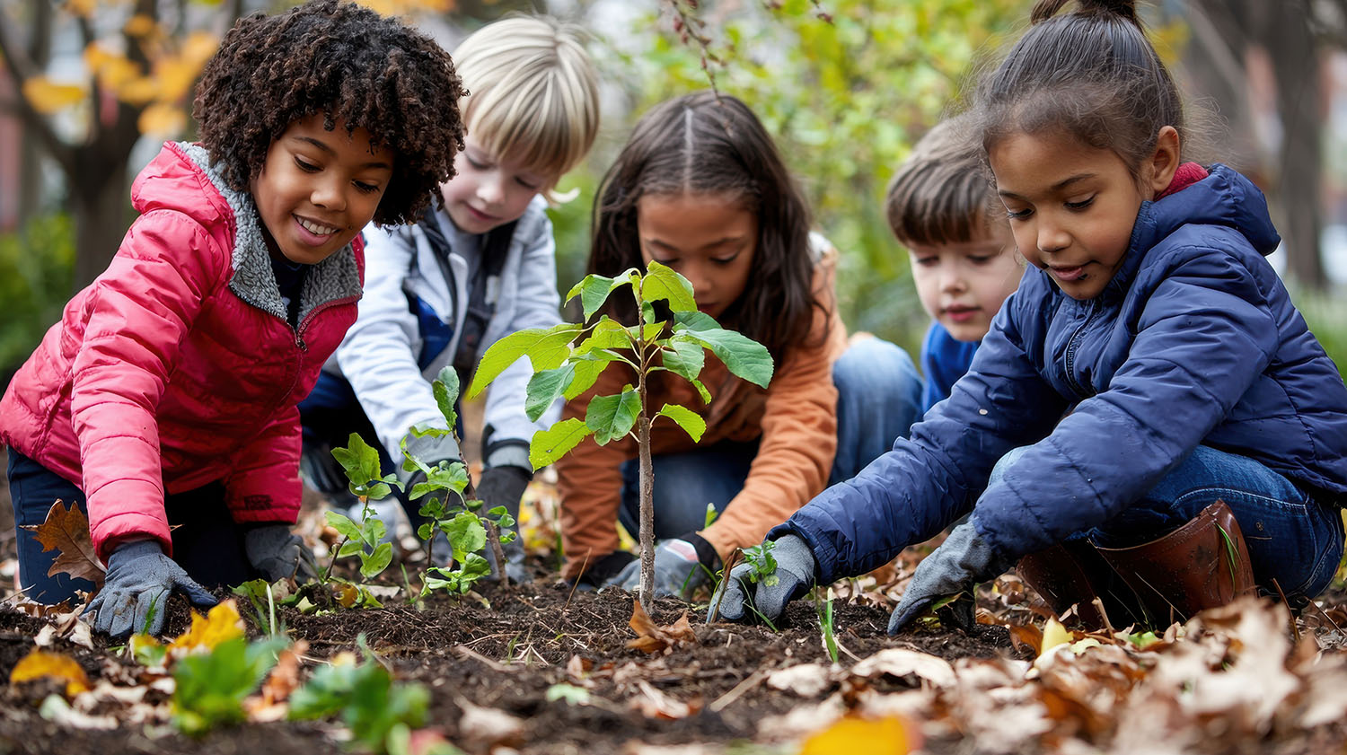 A diverse group of children planting trees in a community garden ...
